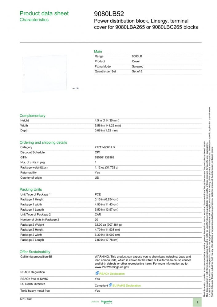 9080LB52 technical document page 1