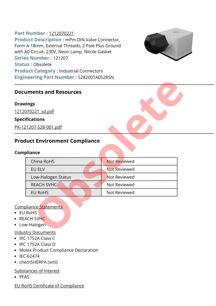 Molex S28 DIN valve connector document page 1