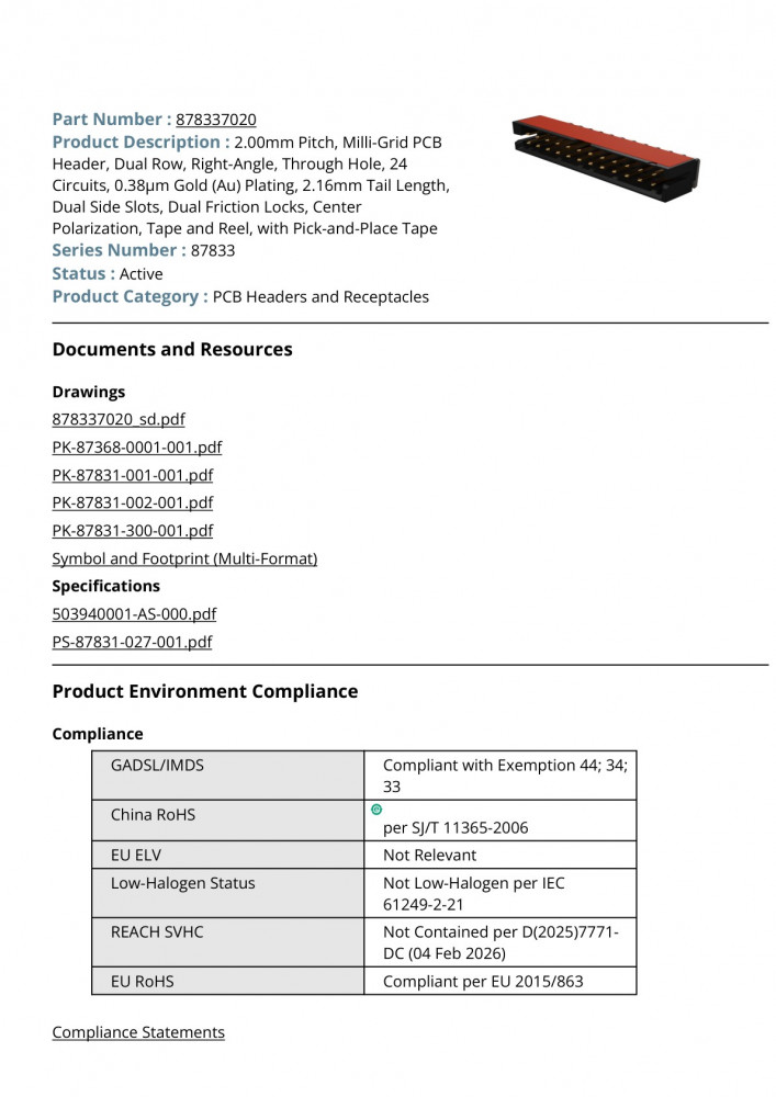 Molex 878337020 technical document image, page 1