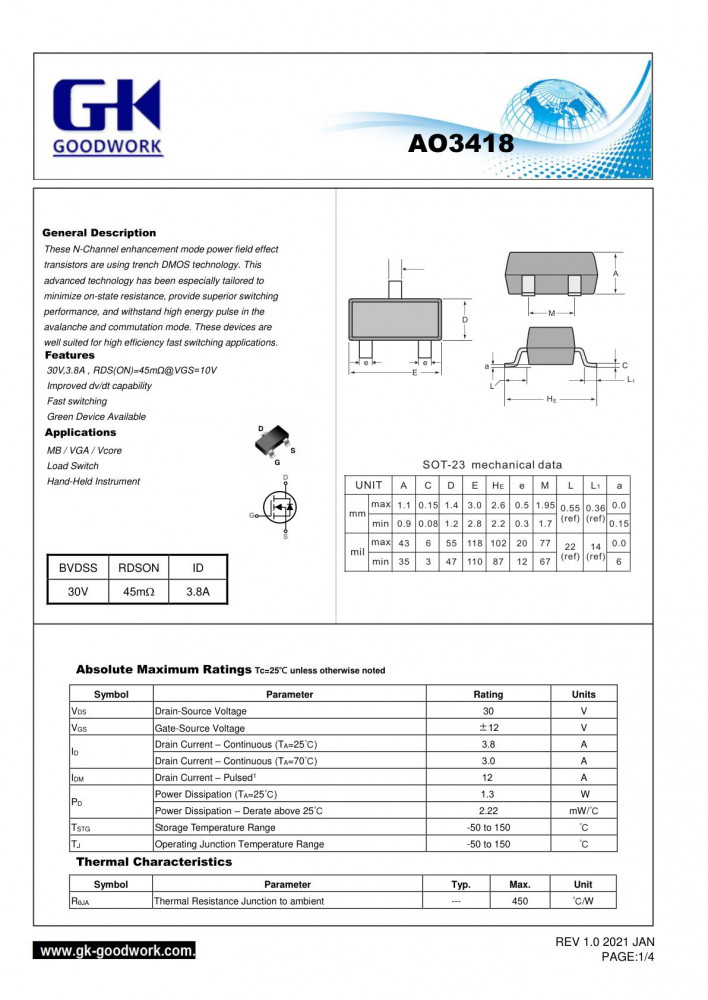 AO3418-GK datasheet page 1