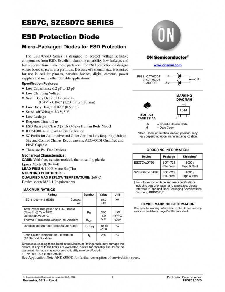 ESD7C5.0DT5G datasheet page 1