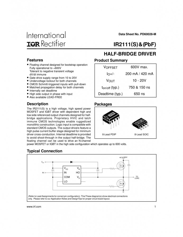 IR2111SPBF datasheet page 1