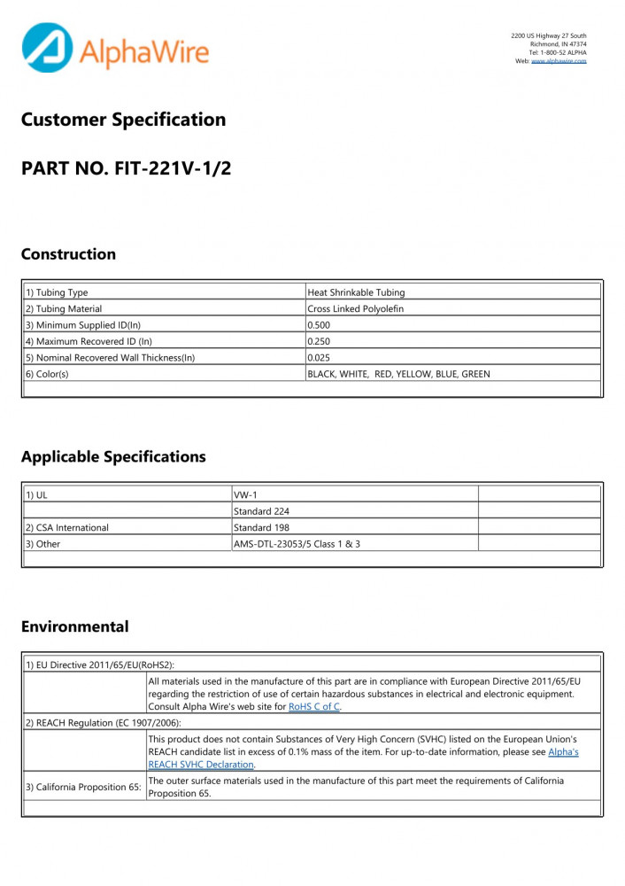 Alpha Wire FIT-221V-1/2 technical document page 1