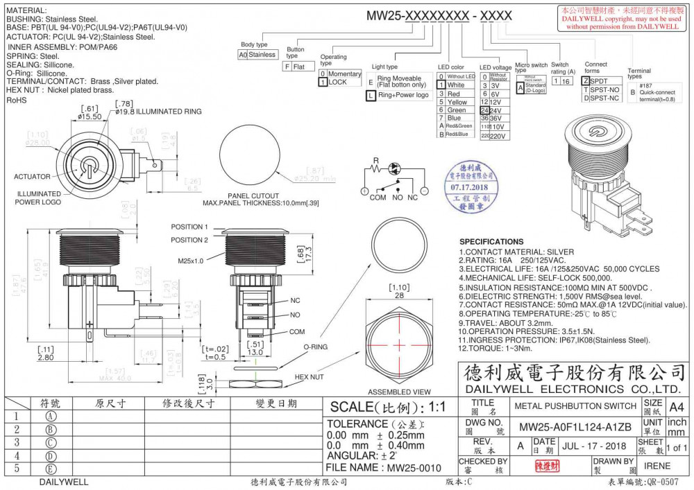 Dailywell MW25-A0F1L124-A1ZB engineering drawing