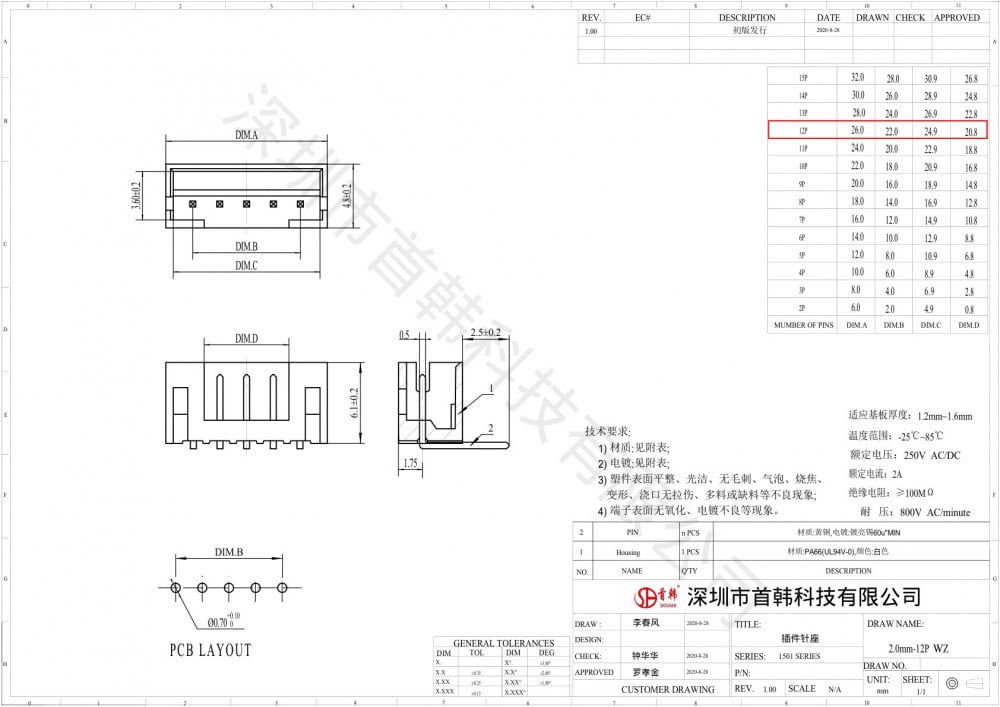 SHOU HAN 2.0mm-12P WZ technical document page 1