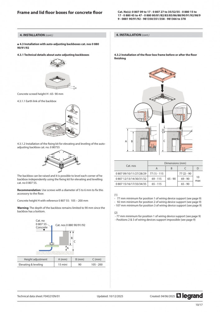 Legrand concrete-floor floor-box technical document, page 10