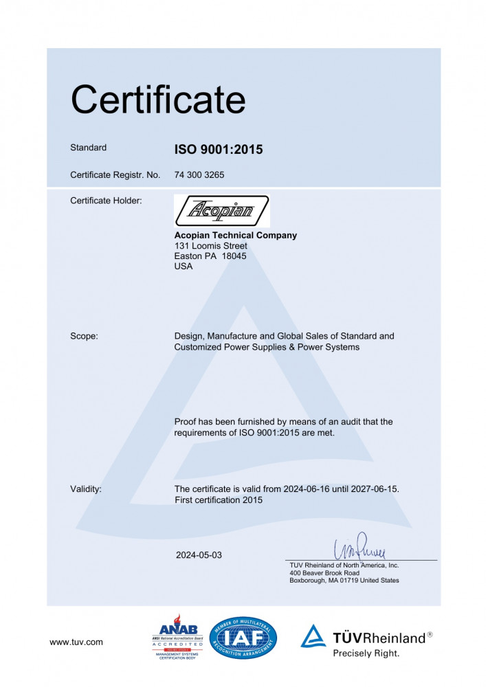 Acopian ISO 9001:2015 certificate page