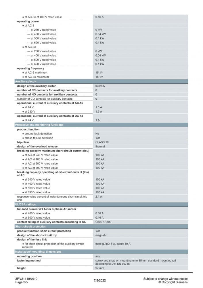 SIEMENS 3RV21110AA10 datasheet page 2