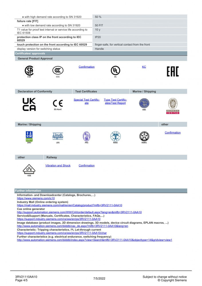 SIEMENS 3RV21110AA10 datasheet page 4