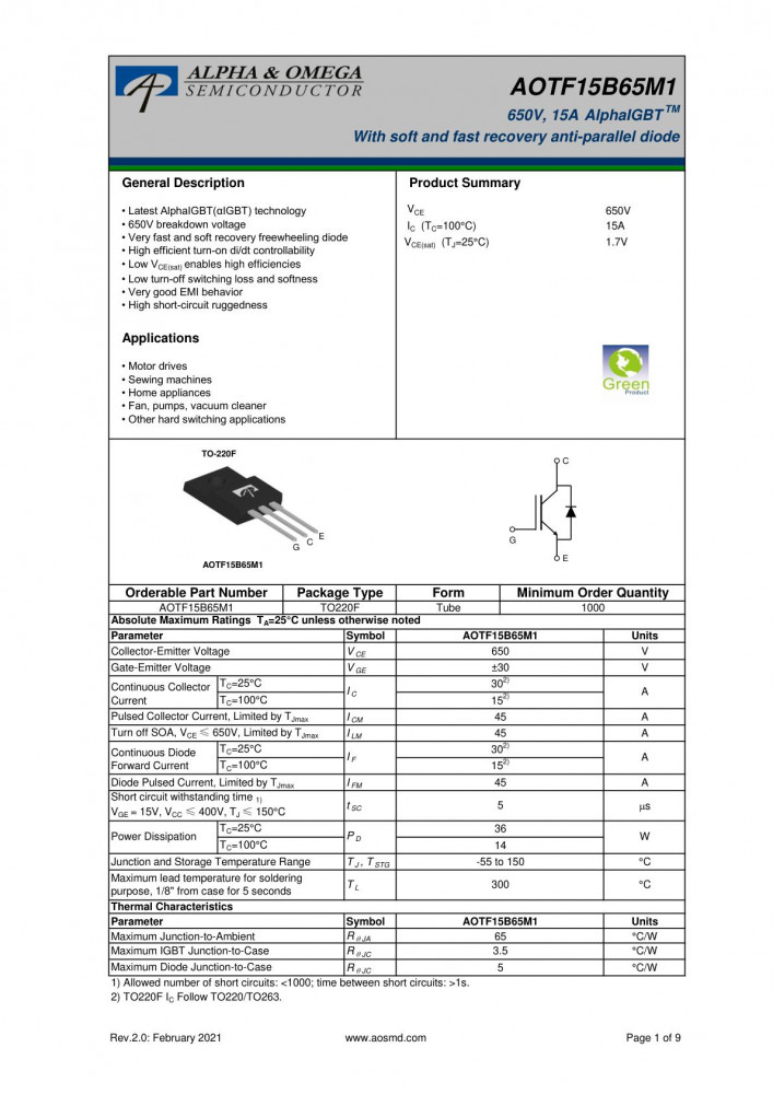 AOTF15B65M1 datasheet page 1