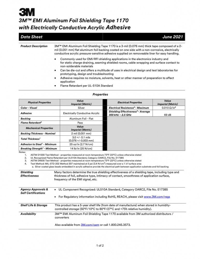 3M 1170 technical datasheet page 1