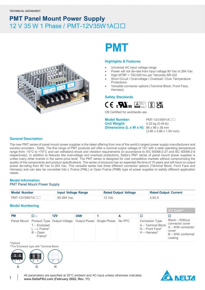 DELTA PMT-12V35W1AA datasheet page 1