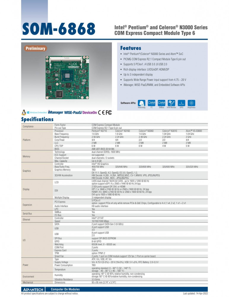 SOM-6868 technical document, page 1