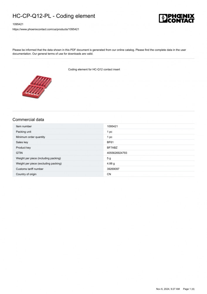 Phoenix Contact 1095421 technical document page 1