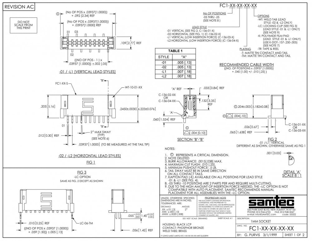Samtec FC1 series technical drawing page 1