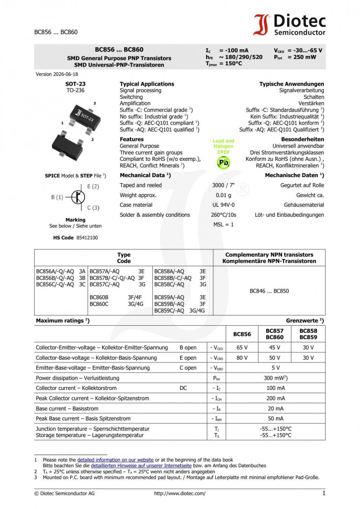 BC857A-AQ technical document preview, page 1