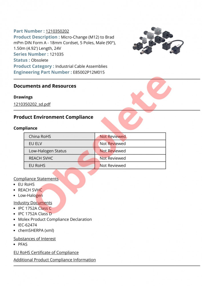 Molex E850 cordset technical drawing, page 1