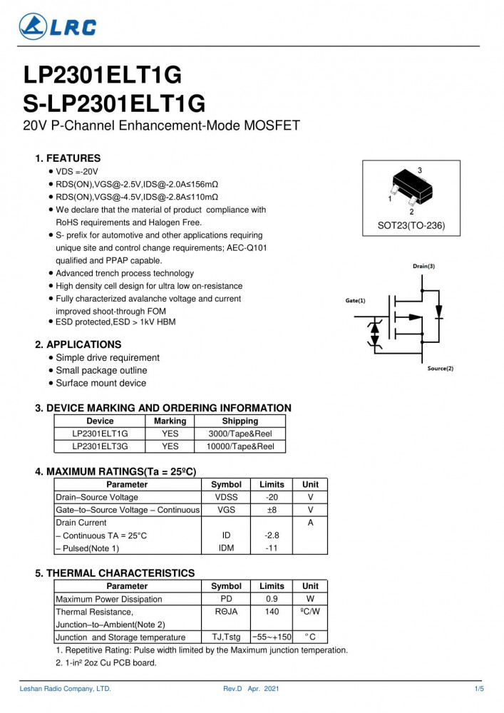 LP2301ELT1G datasheet page 1