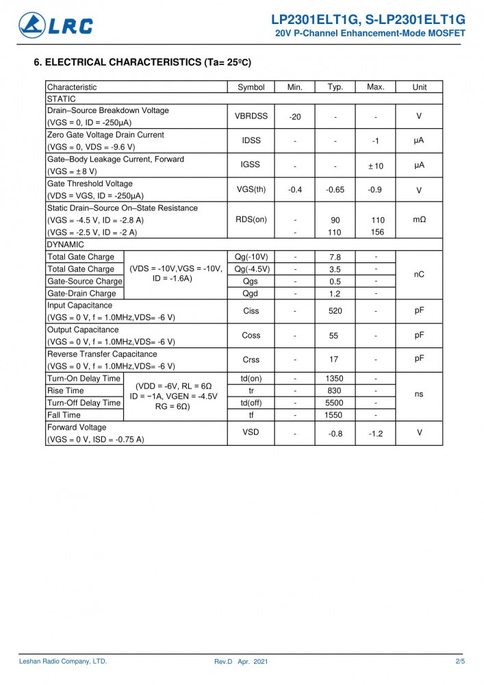 LP2301ELT1G datasheet page 2