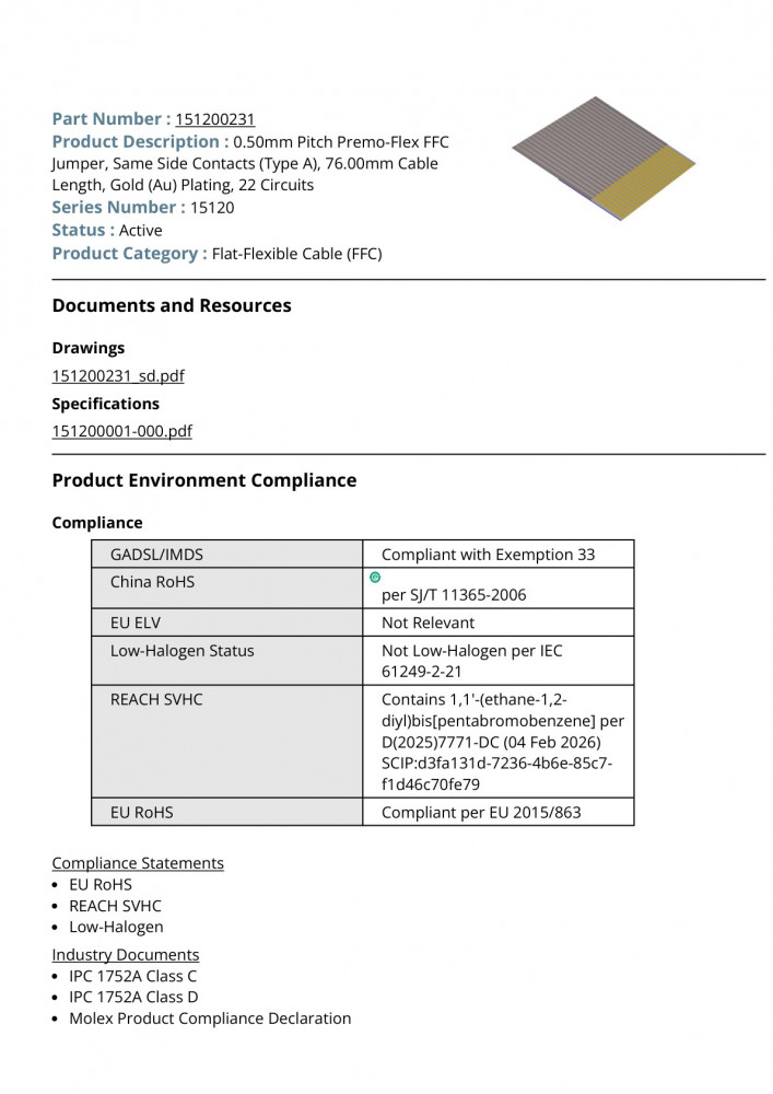 Technical document page 1 for MOLEX 151200231