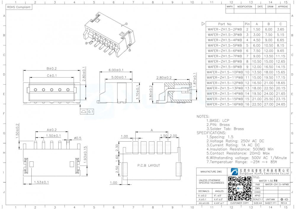 XUNPU WAFER-ZH1.5-2PWB technical drawing