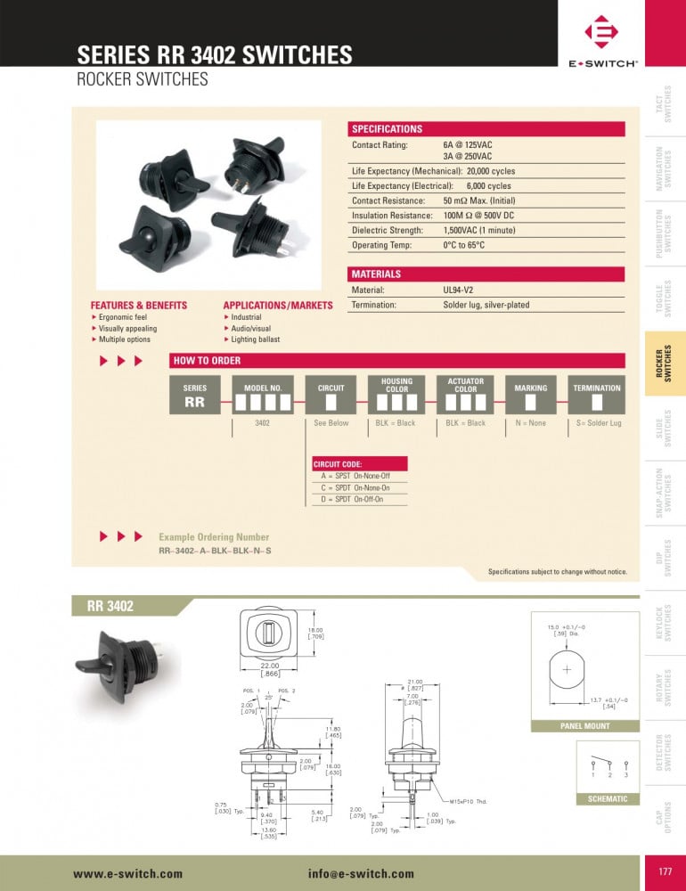 E-Switch RR3402D technical document preview