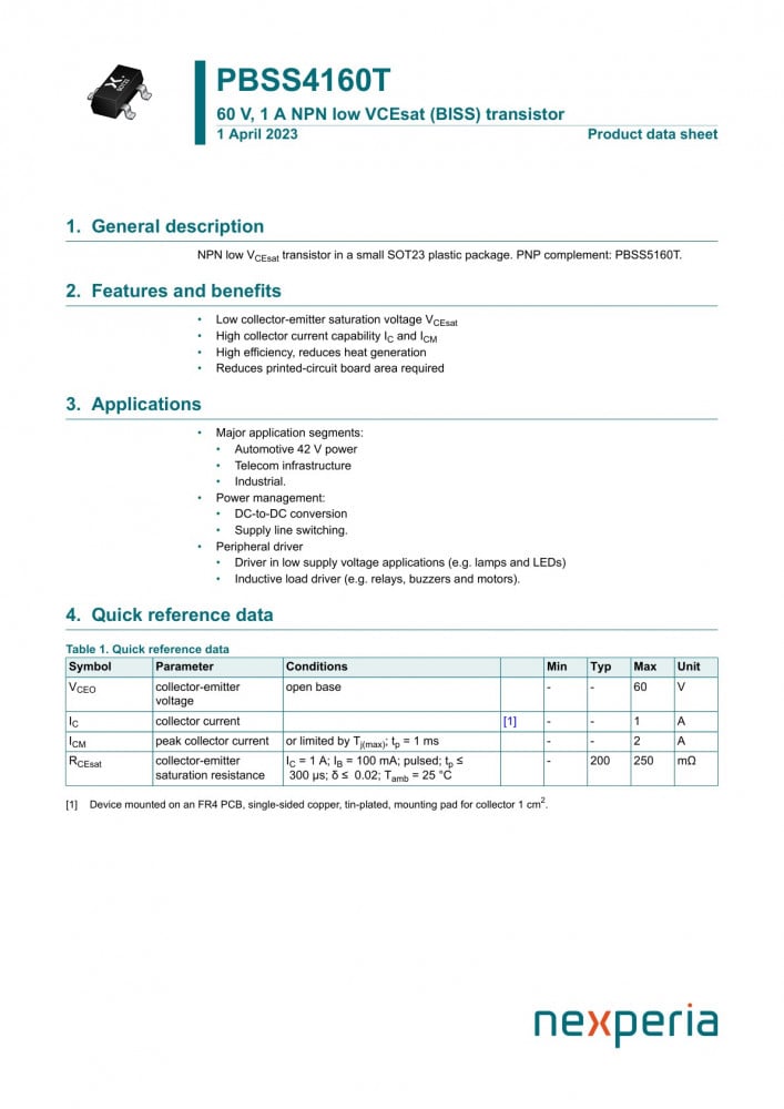 PBSS4160T datasheet page 1
