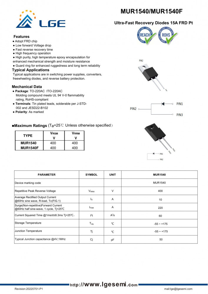 MUR1540 datasheet page 1