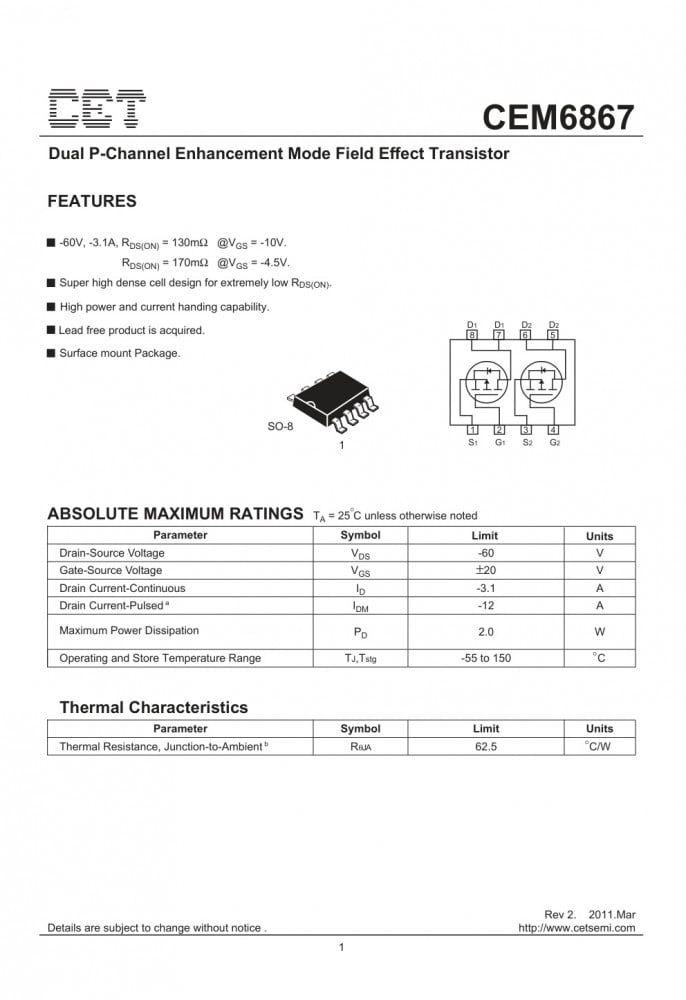 CEM6867 datasheet page 1
