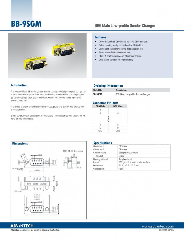 ADVANTECH BB-9SGM DB9 Male Low-profile Gender Changer datasheet