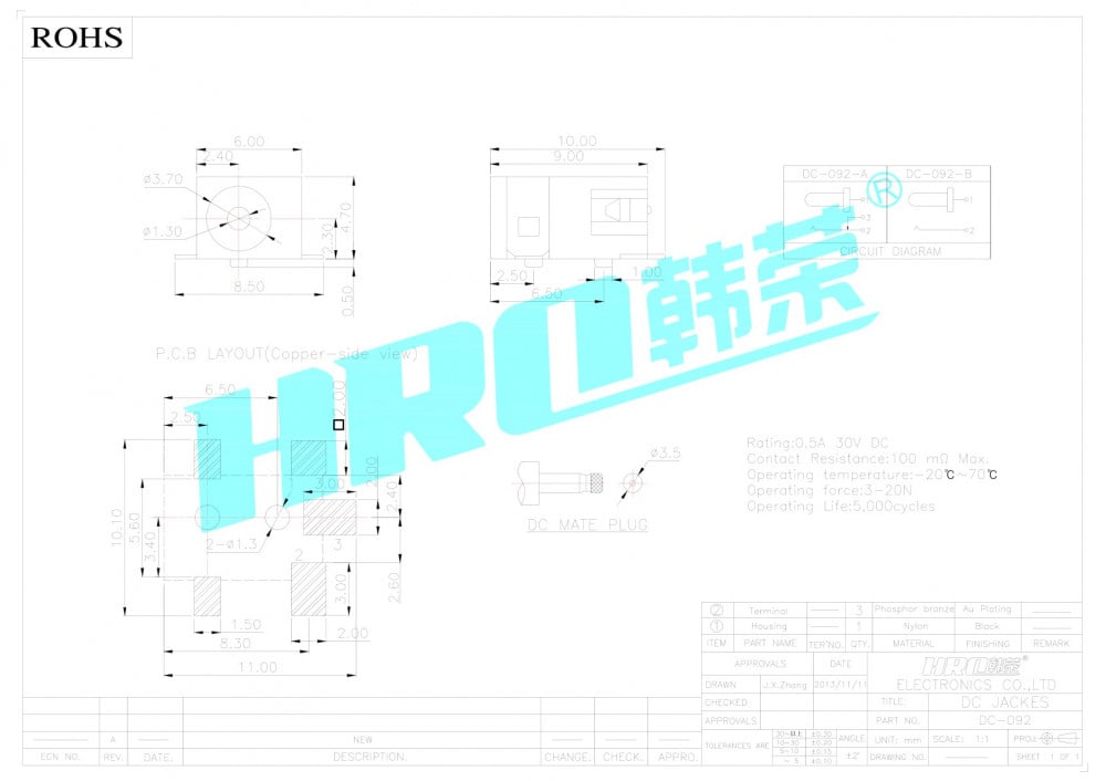 DC-092-13A DC jack technical drawing