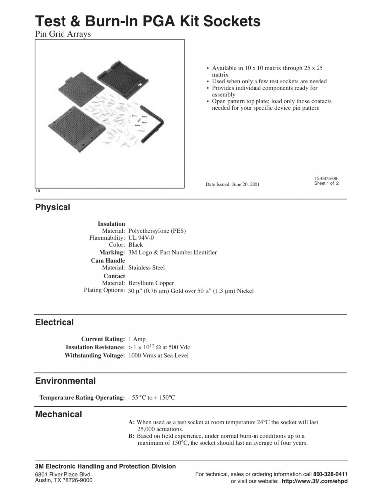 3M Test and Burn-In PGA Kit Sockets datasheet page 1