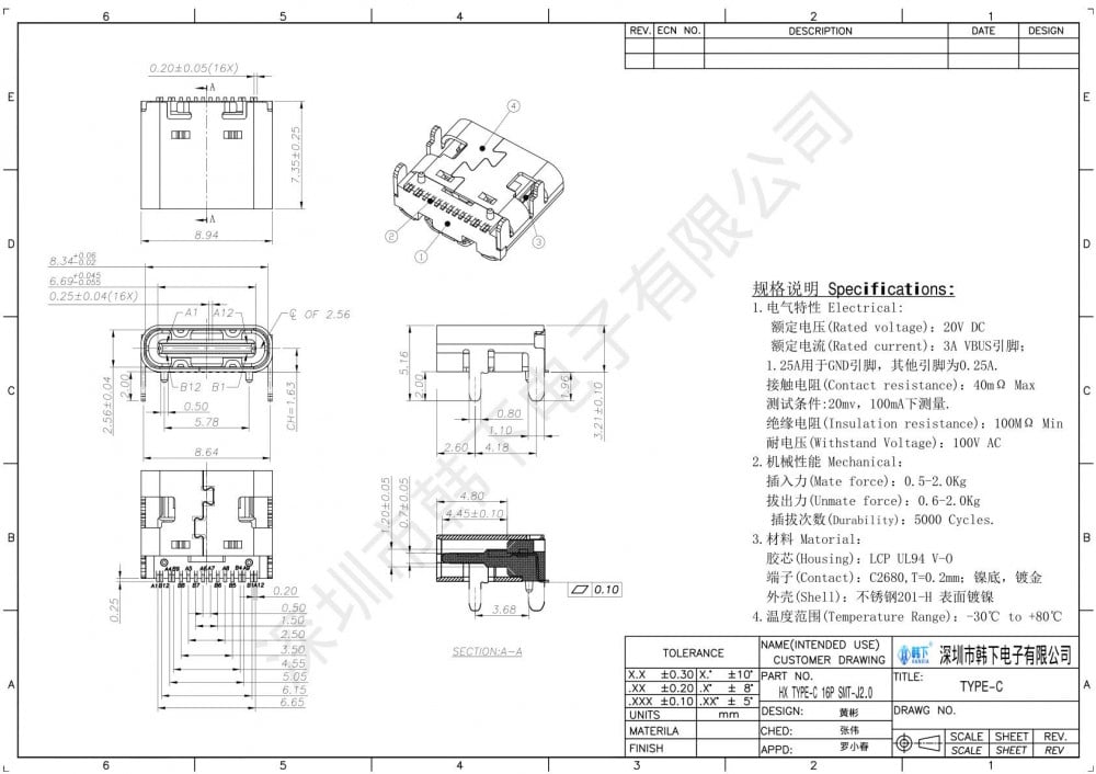 HX TYPE-C 16P SMT-J2.0 technical document page 1