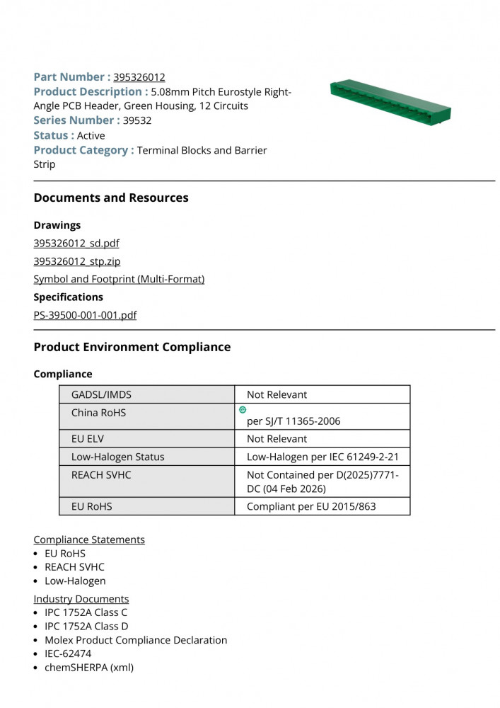 Technical document page 1 for MOLEX 395326012