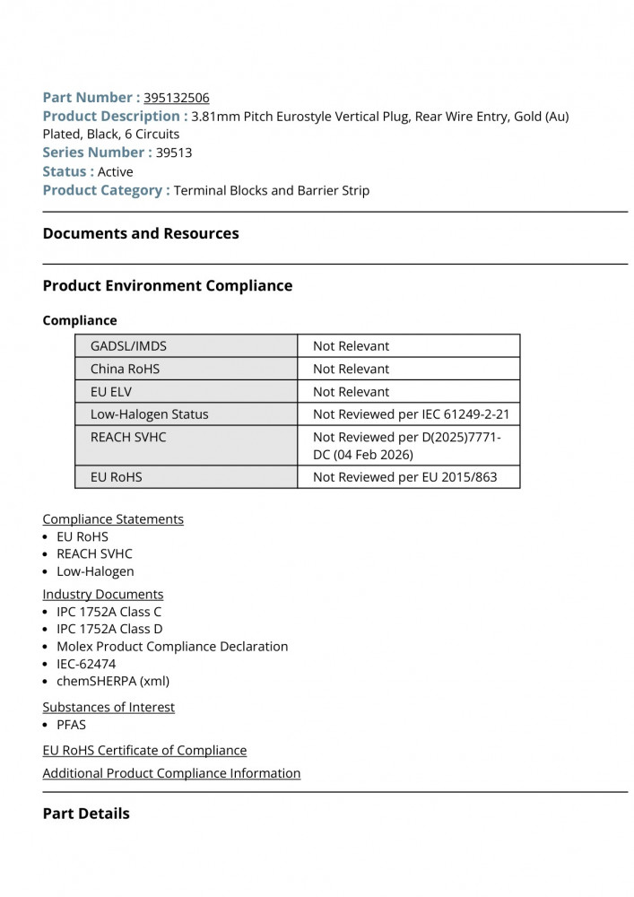 Product document image 1 for MOLEX 395132506