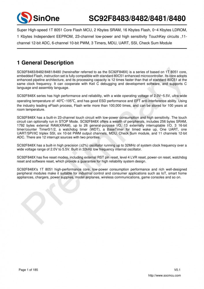 SC92F8483 datasheet preview, page 1