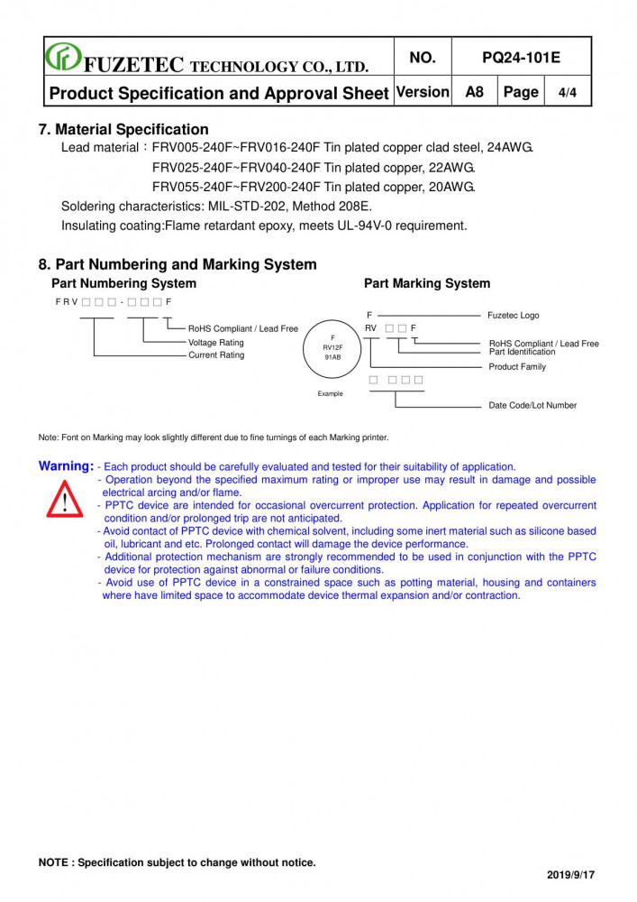 FUZETEC FRV Series specification sheet page 4