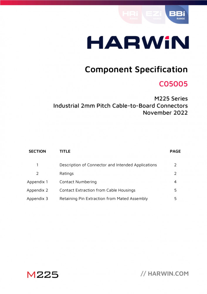 Harwin M225 specification page 1