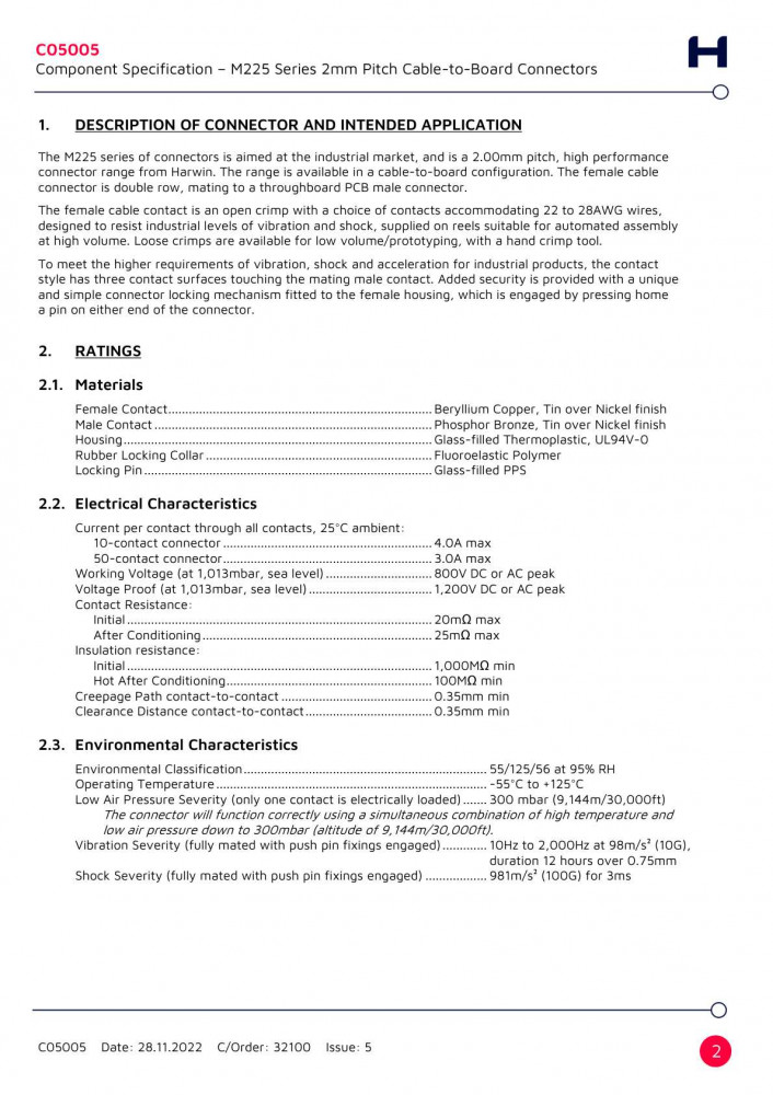 Harwin M225 specification page 2