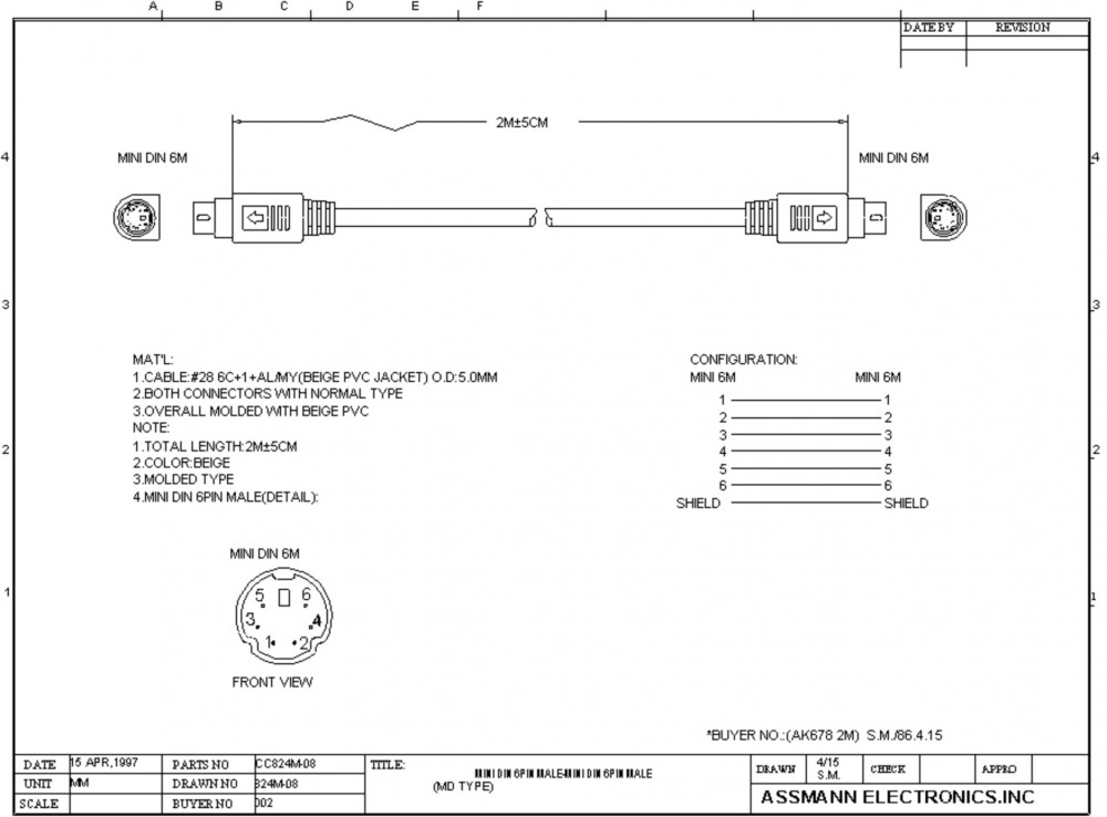 AK678-2 Mini-DIN 6-pin male-to-male cable assembly drawing