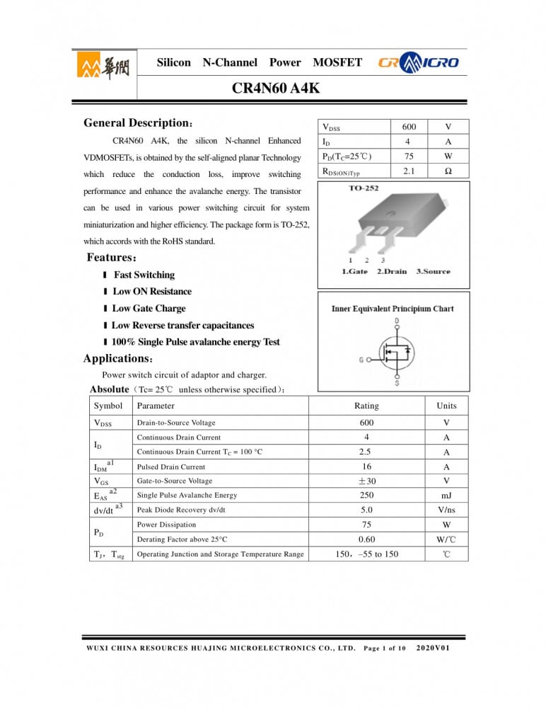 CR4N60A4K datasheet page 1