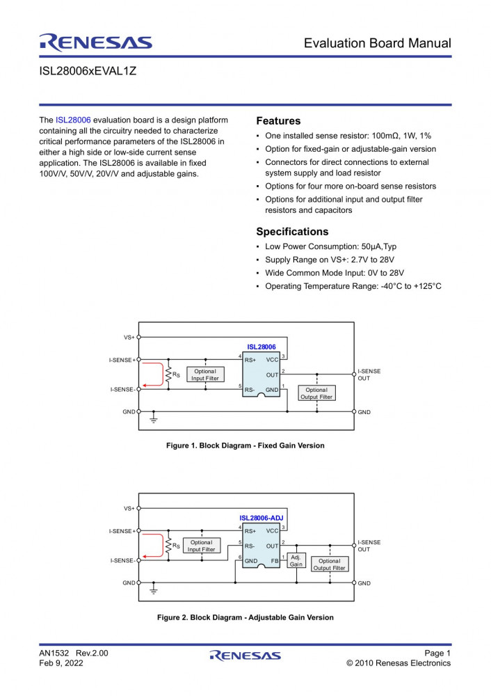 ISL28006 evaluation board document page 1