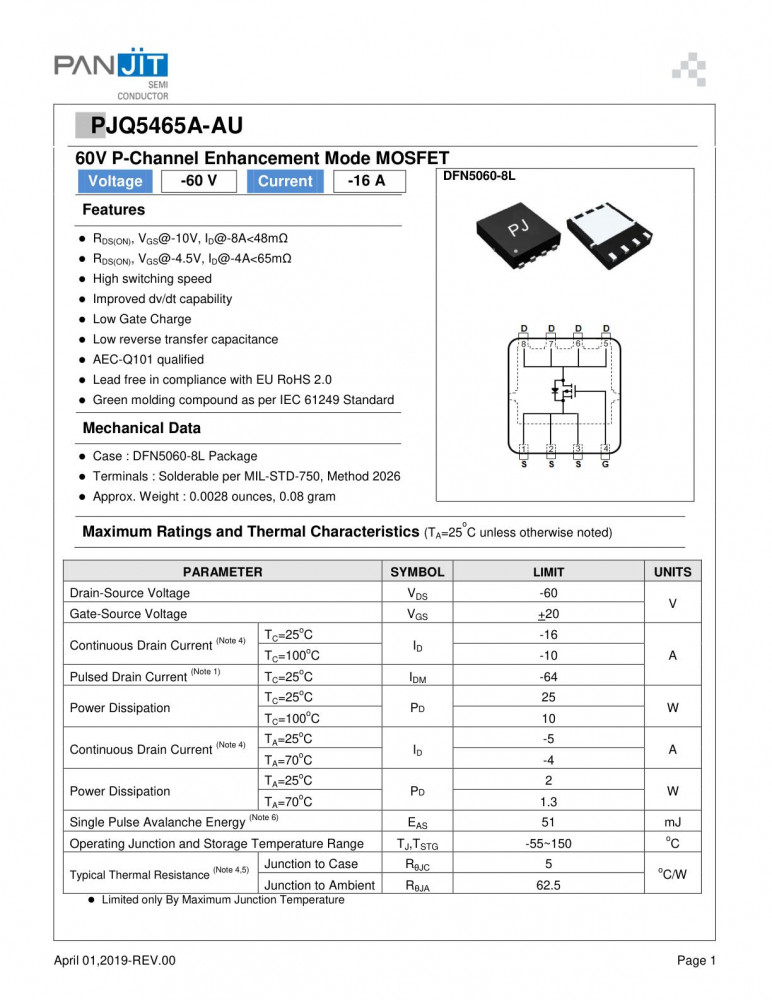PJQ5465A-AU datasheet page 1