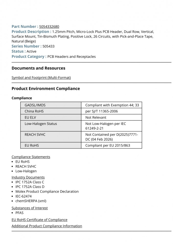Technical document page 1 for MOLEX 5054332680