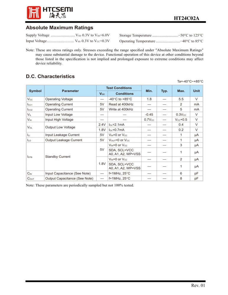 HT24C02ARZ datasheet page 2