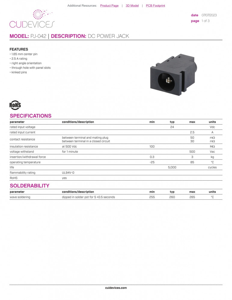 CUI PJ-042 technical document page 1