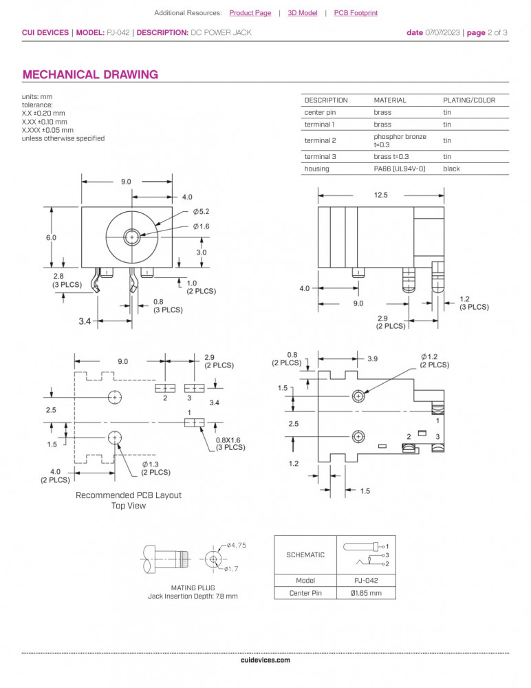 CUI PJ-042 technical document page 2