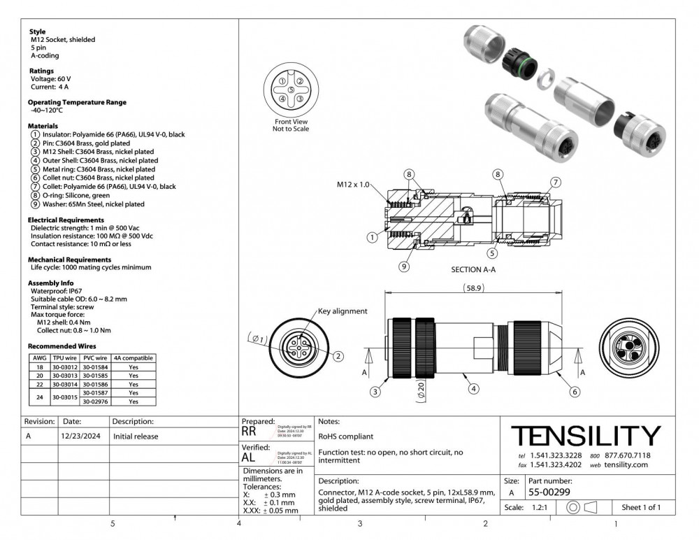 Tensility International 55-00299 M12 five-pin socket connector drawing