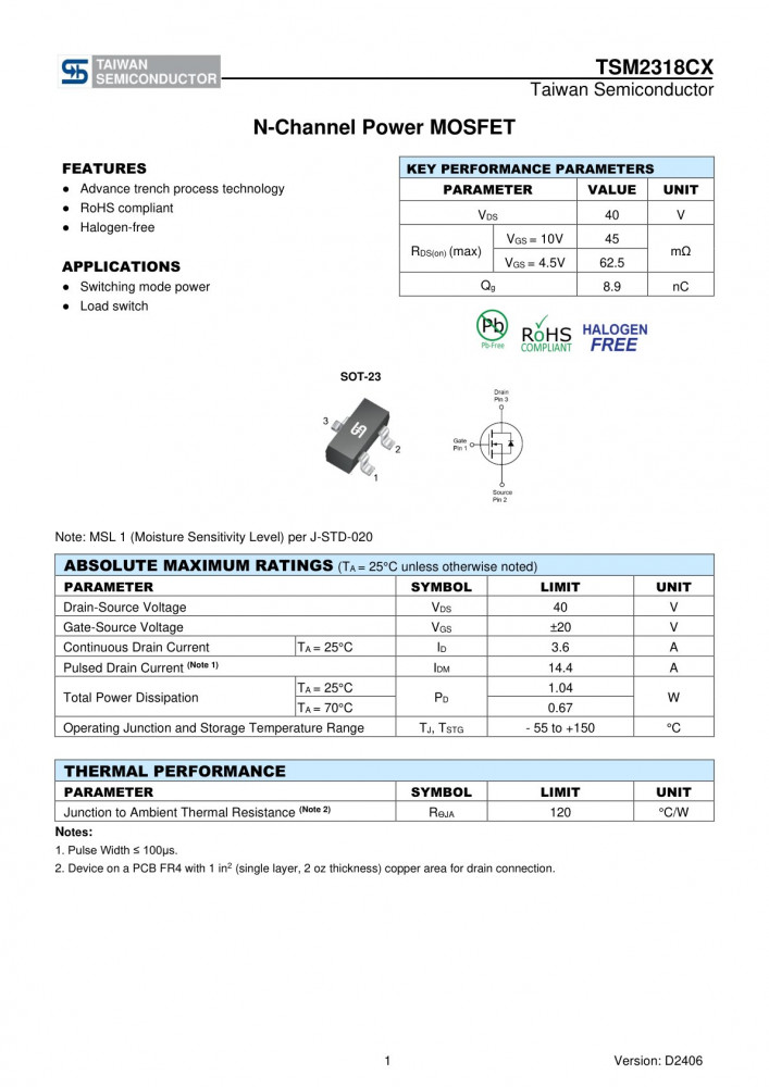 TSM2318CX datasheet page 1