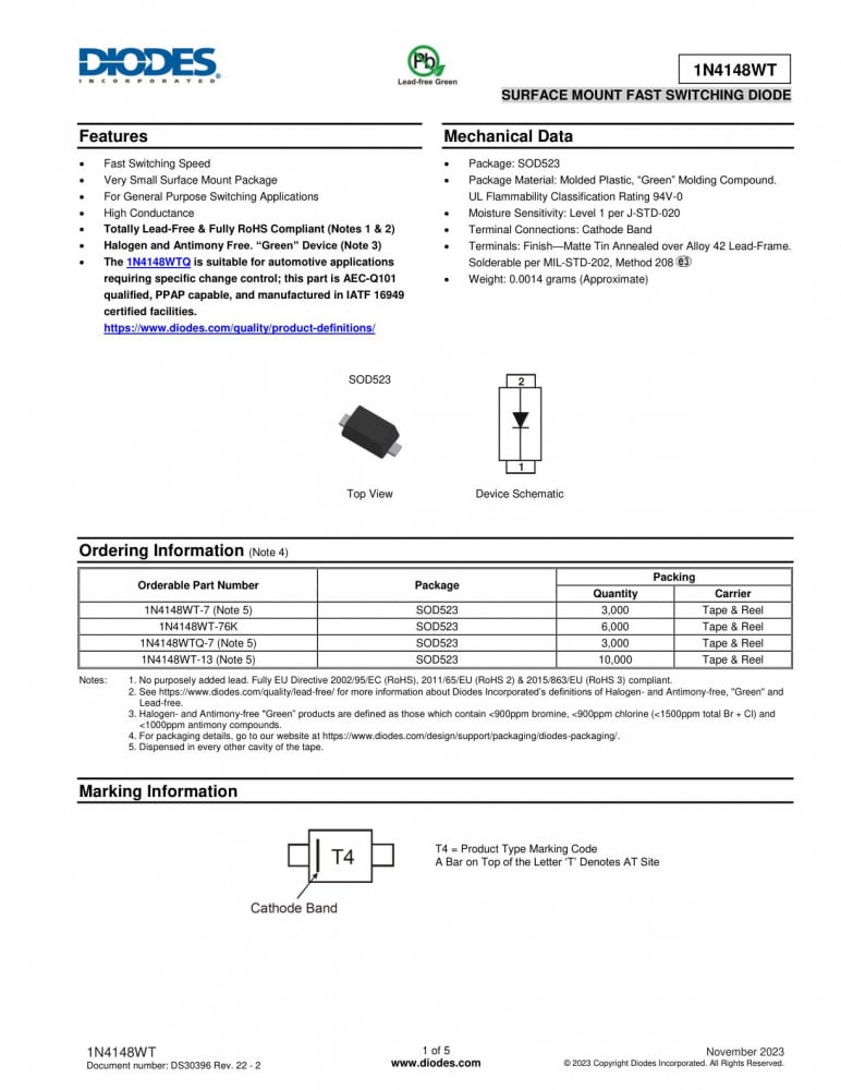1N4148WTQ-7 datasheet page 1